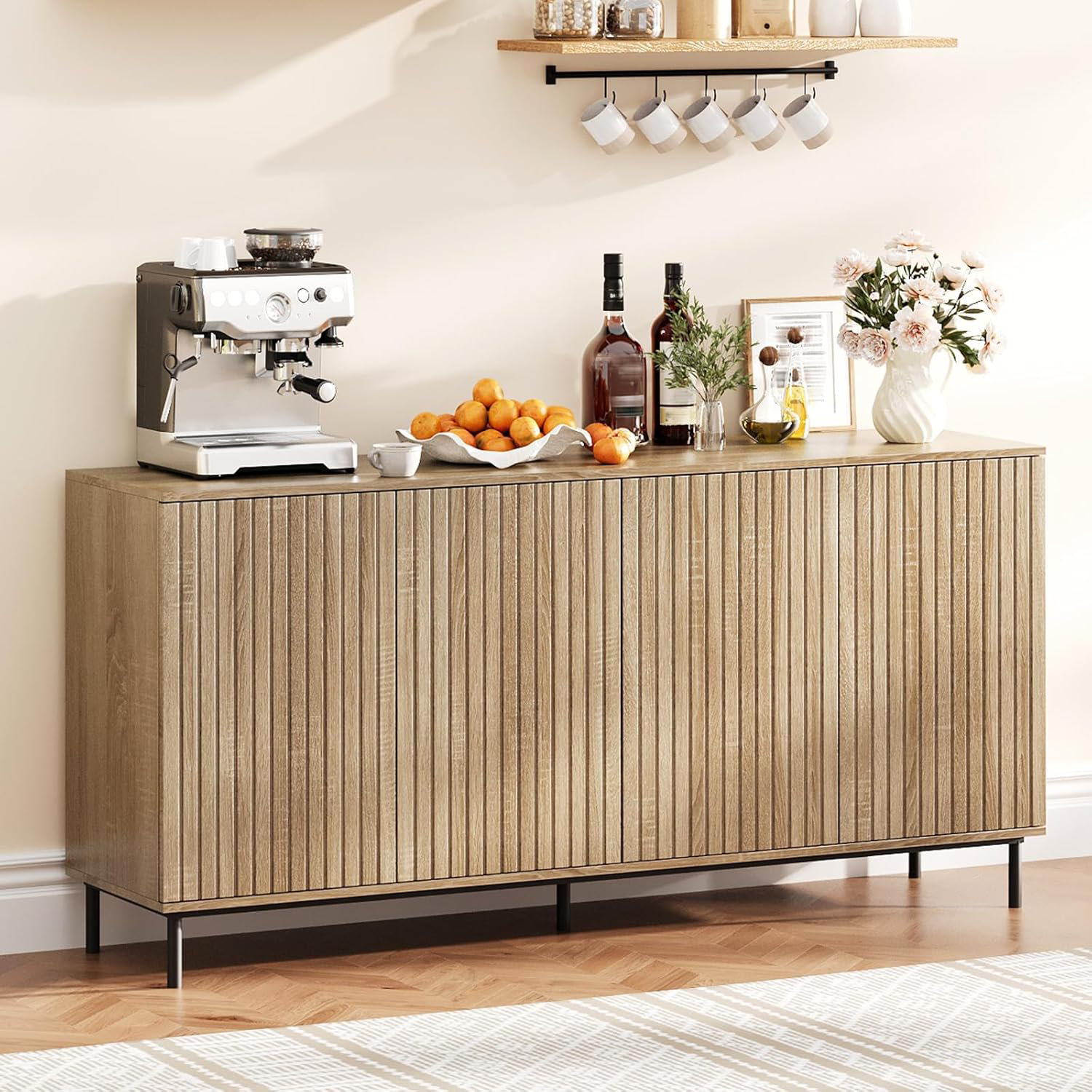 Ebern Designs 63" Modern Farmhouse Sideboard with Fluted Doors, Adjustable Shelves & Metal Legs ...